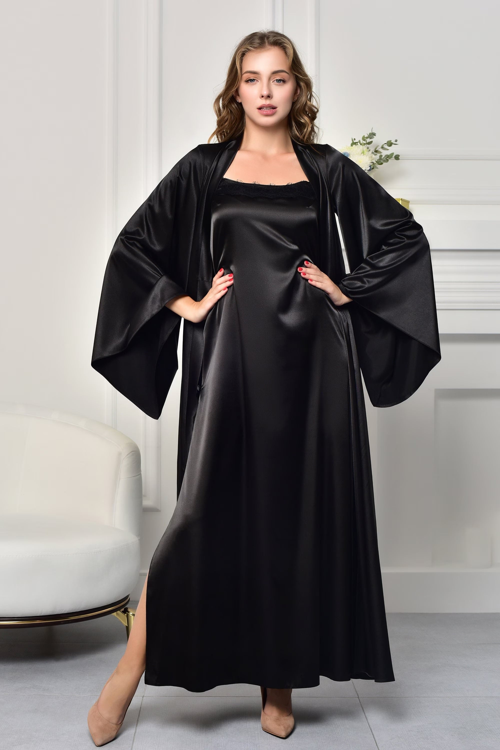 Black Satin Peignoir Set | Mysterious & Luxurious Lingerie for Bride ...