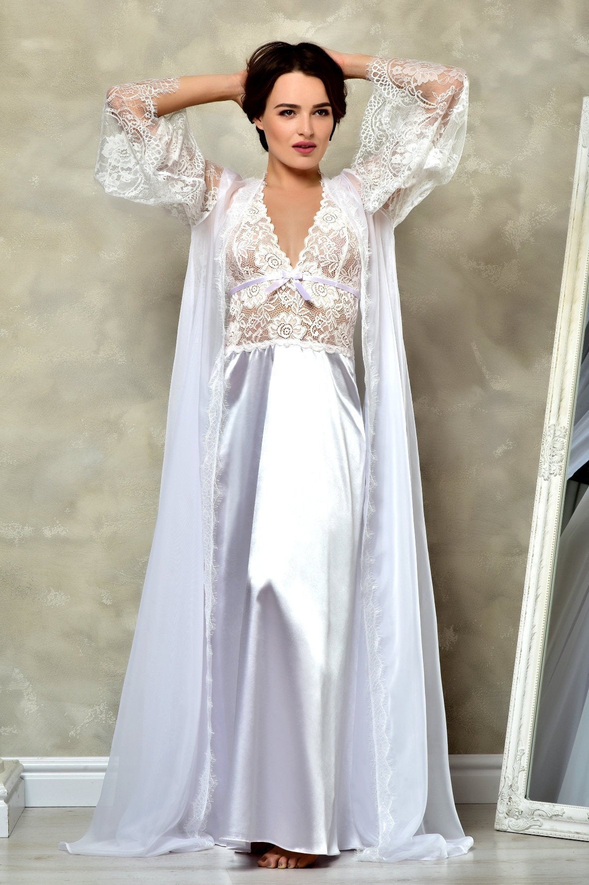 White Chiffon Cape & Lace Nightgown | Luxury Bridal Negligee – Marrysol ...
